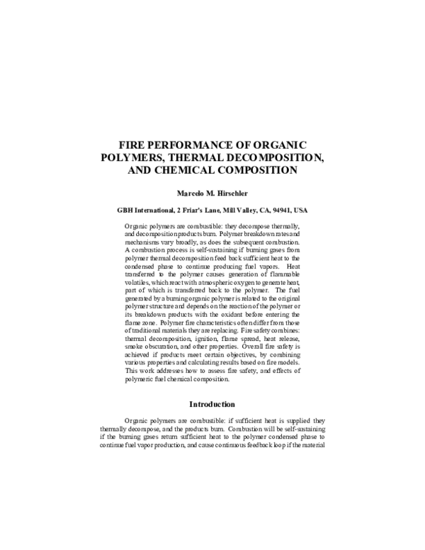 (PDF) Fire Performance of Organic Polymers, Thermal Decomposition, and ...