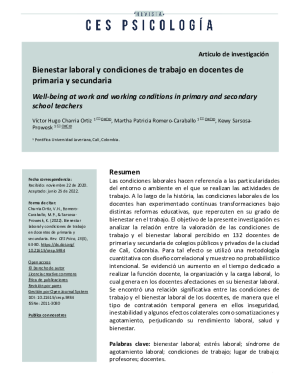 (PDF) Bienestar laboral y condiciones de trabajo en docentes de ...