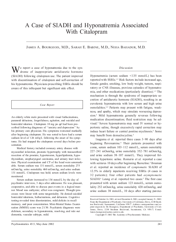 (PDF) A Case of SIADH and Hyponatremia Associated With Citalopram