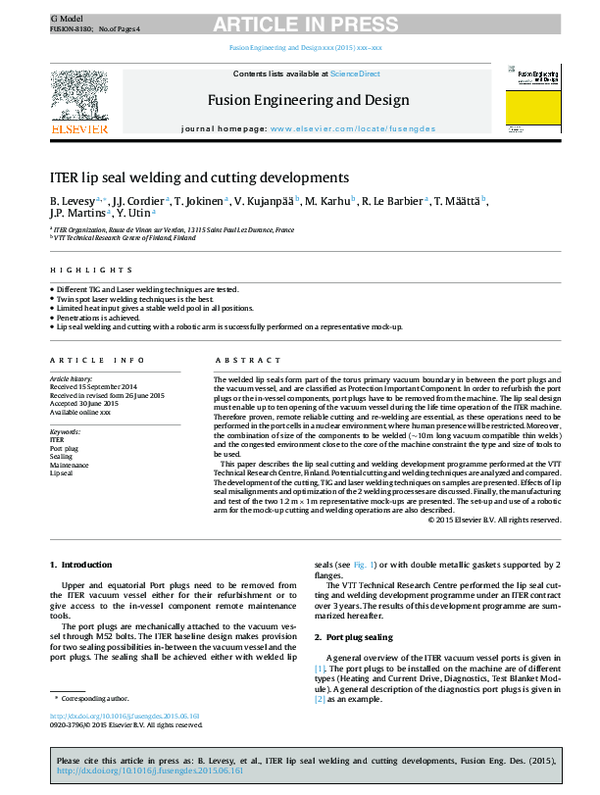 (PDF) ITER lip seal welding and cutting developments