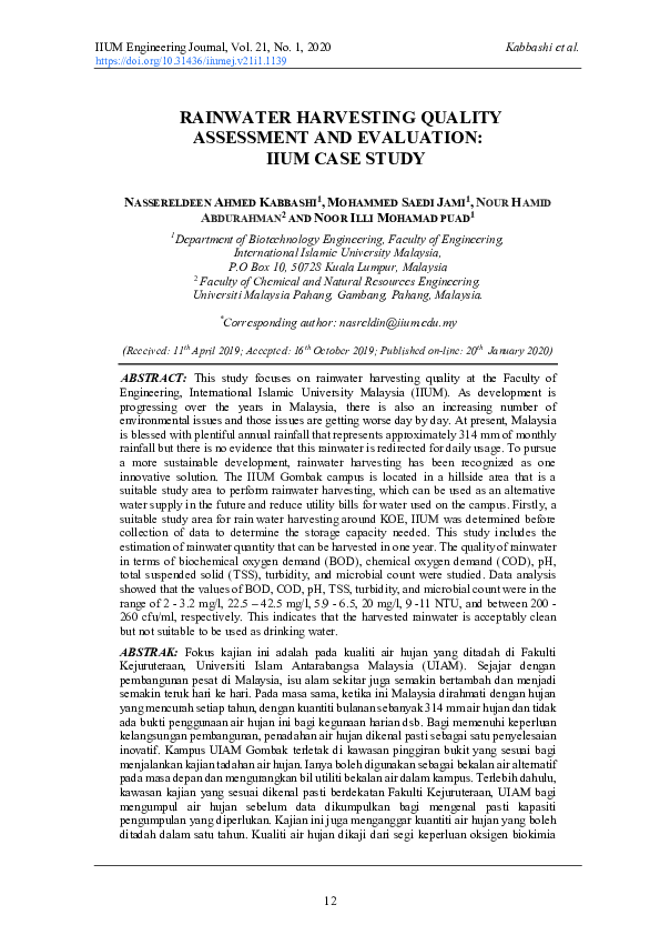 (PDF) Rainwater Harvesting Quality Assessment and Evaluation: Iium Case ...