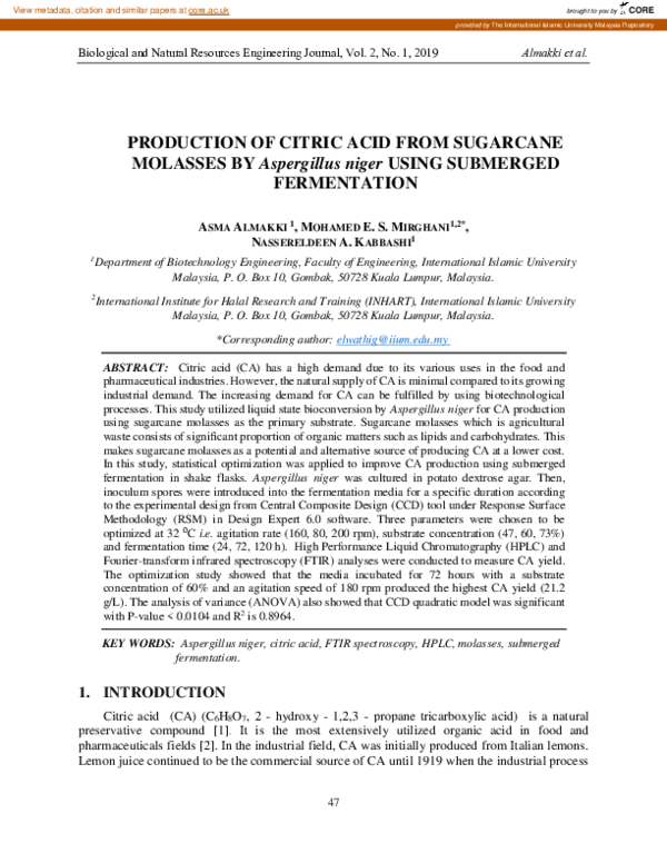 (PDF) Production of citric acid from sugarcane molasses by Aspergillus ...