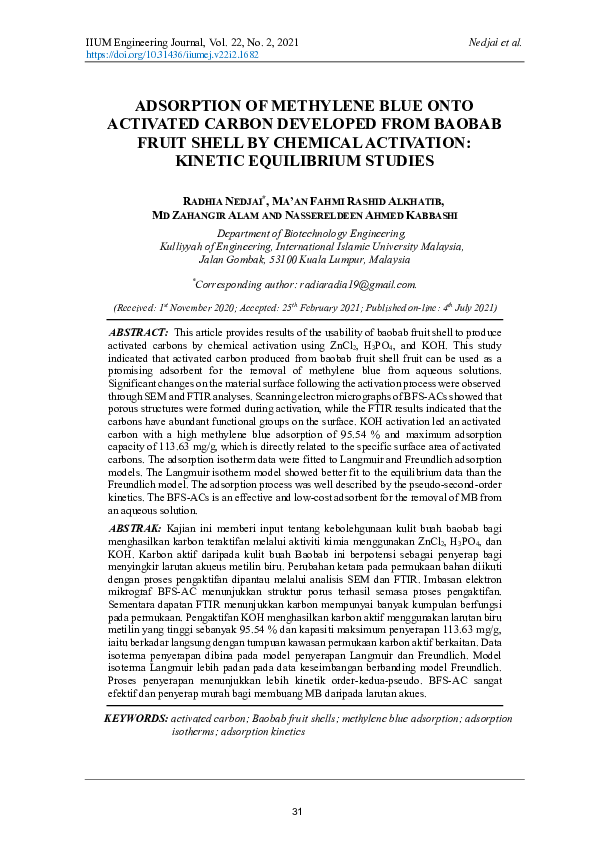 (PDF) Adsorption of Methylene Blue Onto Activated Carbon Developed from Baobab Fruit Shell by ...