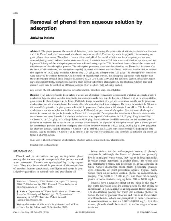 (PDF) Removal of Phenol from Aqueous Solution by Adsorption onto Baobab ...