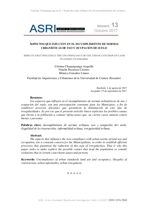(PDF) Aspectos que influyen en el incumplimiento de normas urbanísticas de uso y ocupación de ...