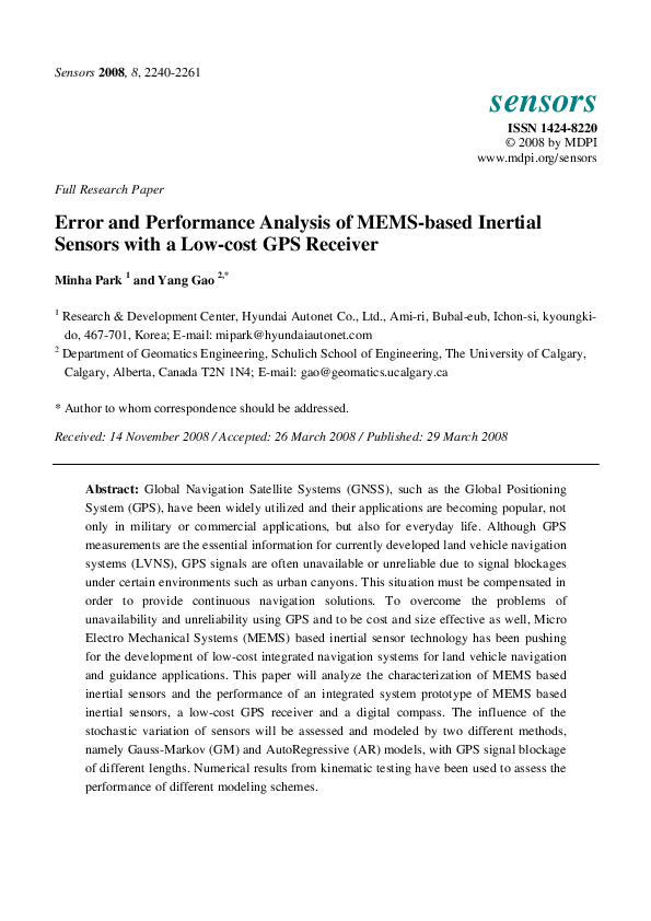 (PDF) Error and Performance Analysis of MEMS-based Inertial Sensors with a Low-cost GPS Receiver