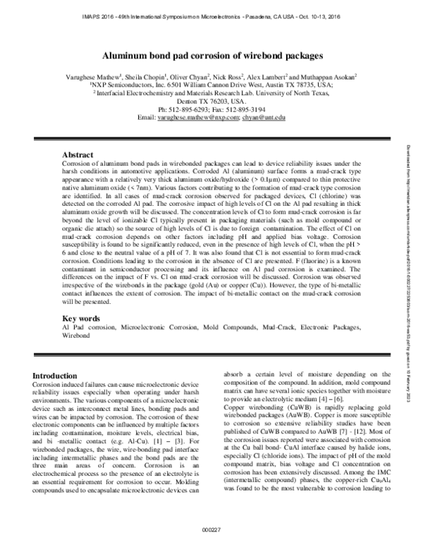 (PDF) Aluminum bond pad corrosion of wirebond packages