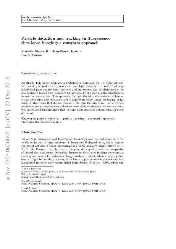 (PDF) Particle detection and tracking in fluorescence time-lapse imaging: a contrario approach