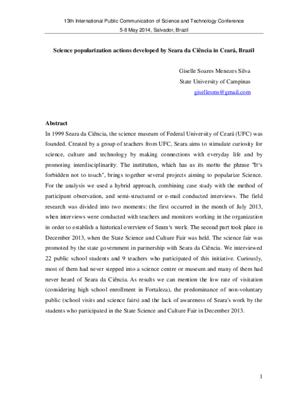 (PDF) Science popularization actions developed by Seara da Ciência in ...