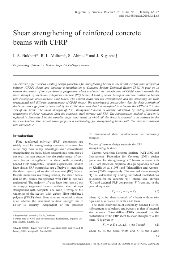 (PDF) Shear strengthening of reinforced concrete beams with CFRP ...