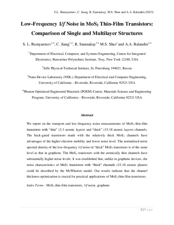 (PDF) Low-Frequency 1/f Noise in MoS2 Thin-Film Transistors: Comparison ...