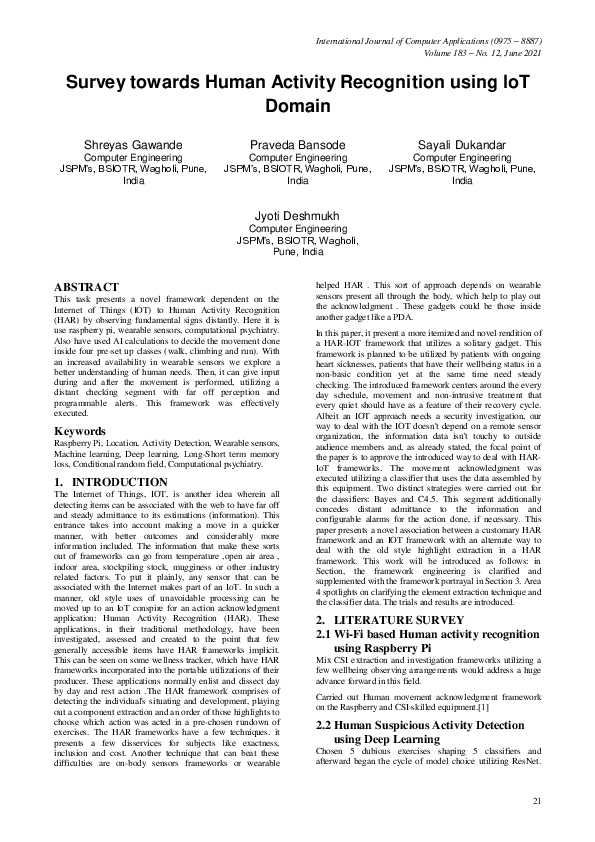 (PDF) Survey towards Human Activity Recognition using IoT Domain