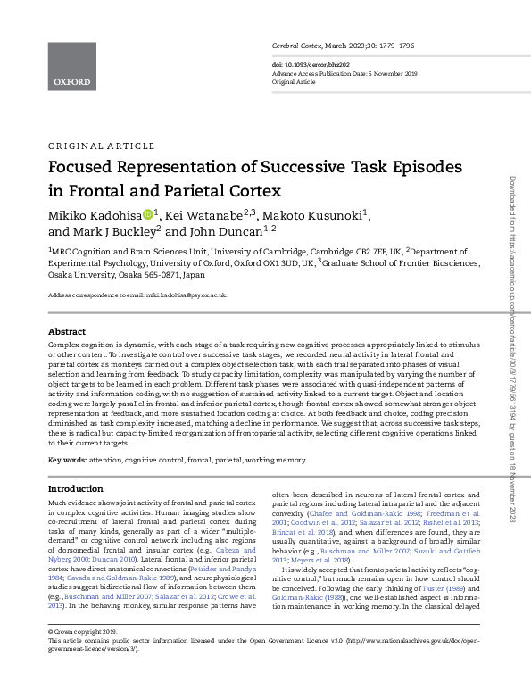 (PDF) Focused Representation of Successive Task Episodes in Frontal and Parietal Cortex