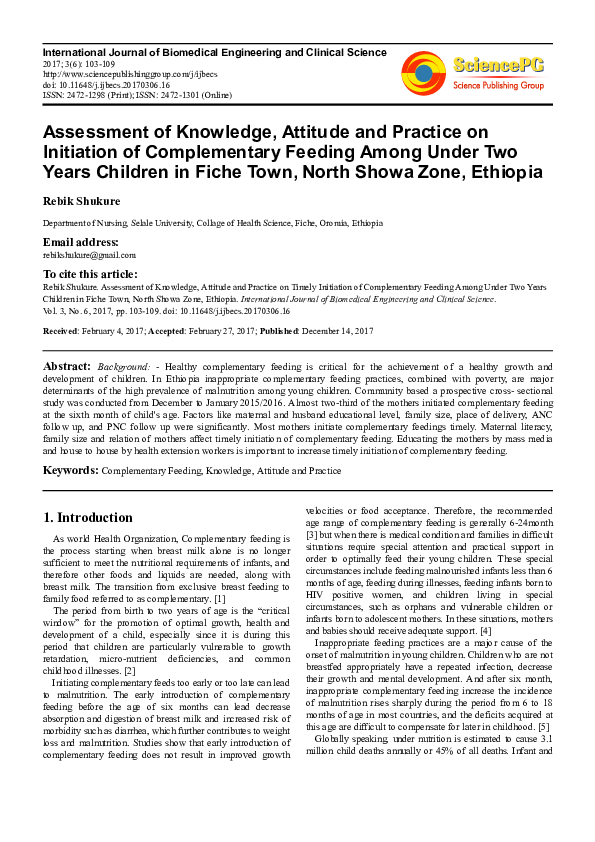 (PDF) Assessment of Knowledge, Attitude and Practice on Initiation of Complementary Feeding ...