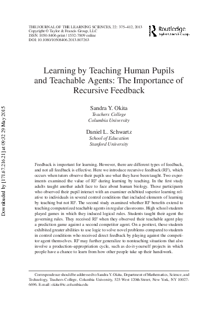 (PDF) Learning by Teaching Human Pupils and Teachable Agents: The Importance of Recursive Feedback