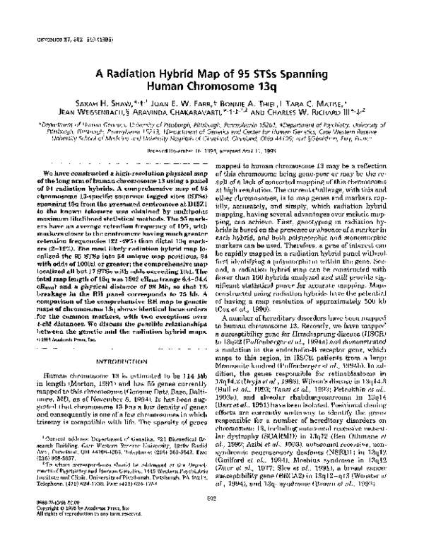 (PDF) A Radiation Hybrid Map of 95 STSs Spanning Human Chromosome 13q | Bonnie Thiel - Academia.edu