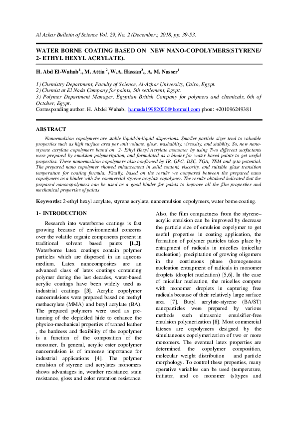(PDF) Water Borne Coating Based on New Nano-Copolymers(Styrene/ 2 ...