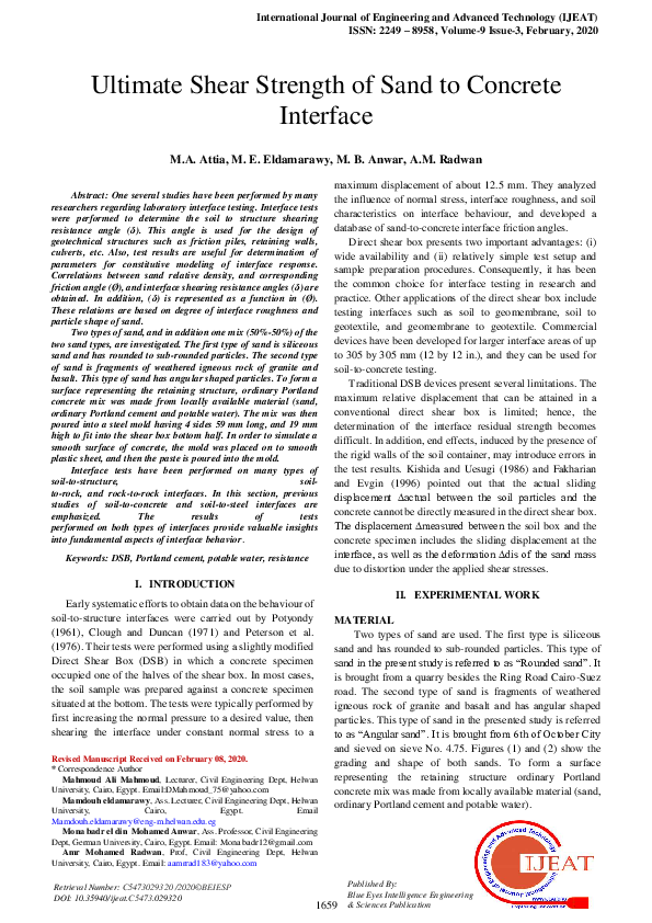 (PDF) Ultimate Shear Strength of Sand to Concrete Interface | Mohamed ...