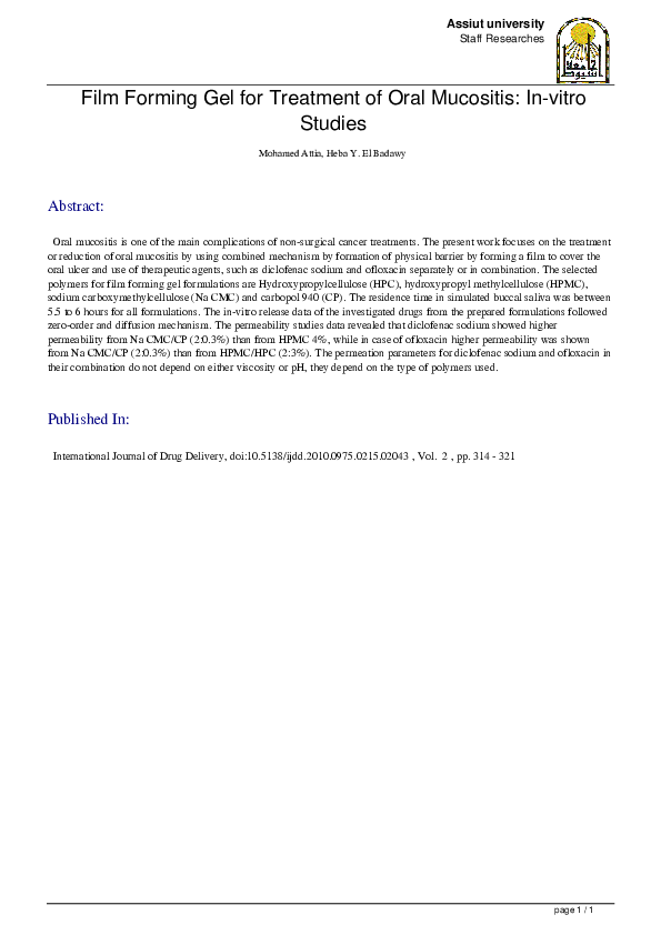 (PDF) Film forming gel for treatment of oral mucositis: In vitro studies