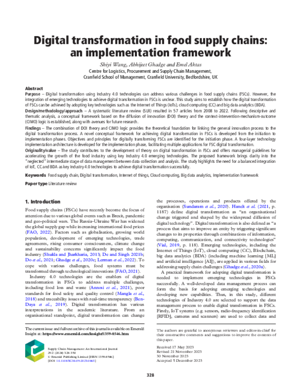 (PDF) Digital Transformation in Food Supply Chains: An Implementation ...