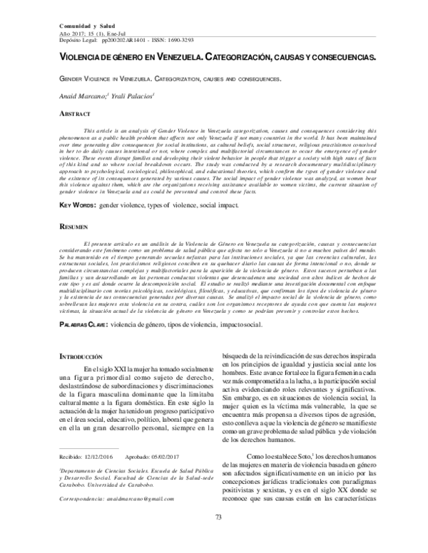 (PDF) Violencia de género en venezuela. Categorización, causas y consecuencias
