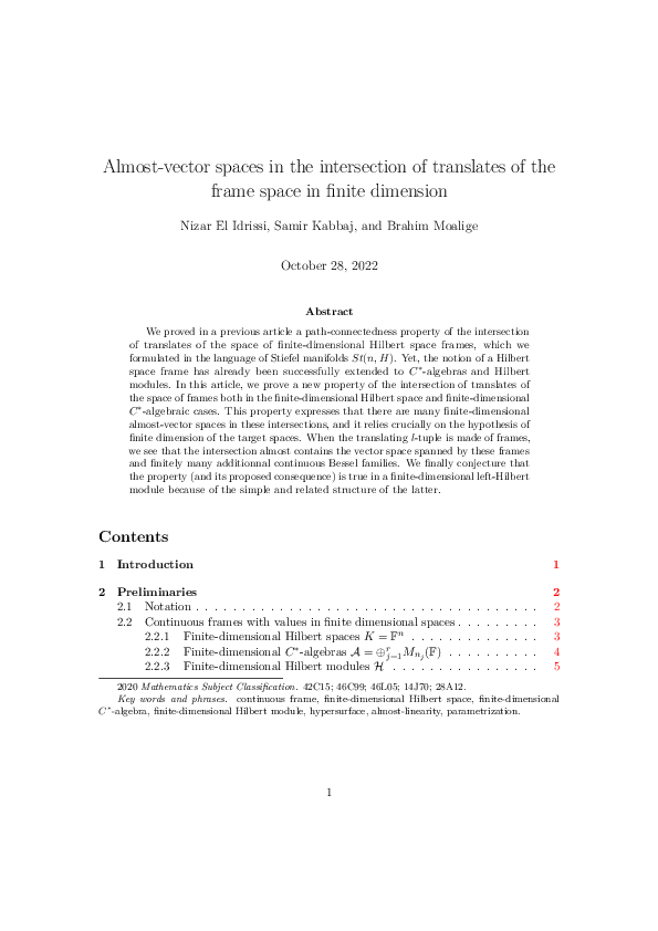 Pdf Almost Vector Spaces In The Intersection Of Translates Of The Frame Space In Finite Dimension
