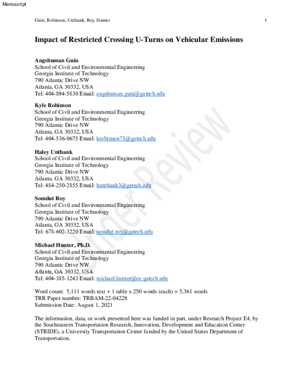 (PDF) Impact of Restricted Crossing U-Turns on Vehicular Emissions