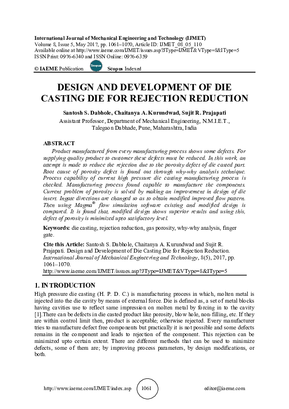 (PDF) Design and Development of Die Casting Die for Rejection Reduction