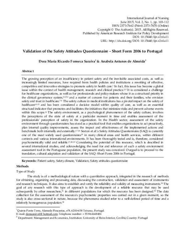 (PDF) Validation of the Safety Attitudes Questionnaire - Short Form 2006 to Portugal