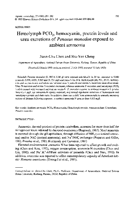 (PDF) Hemolymph PCO2, hemocyanin, protein levels and urea excretions of ...