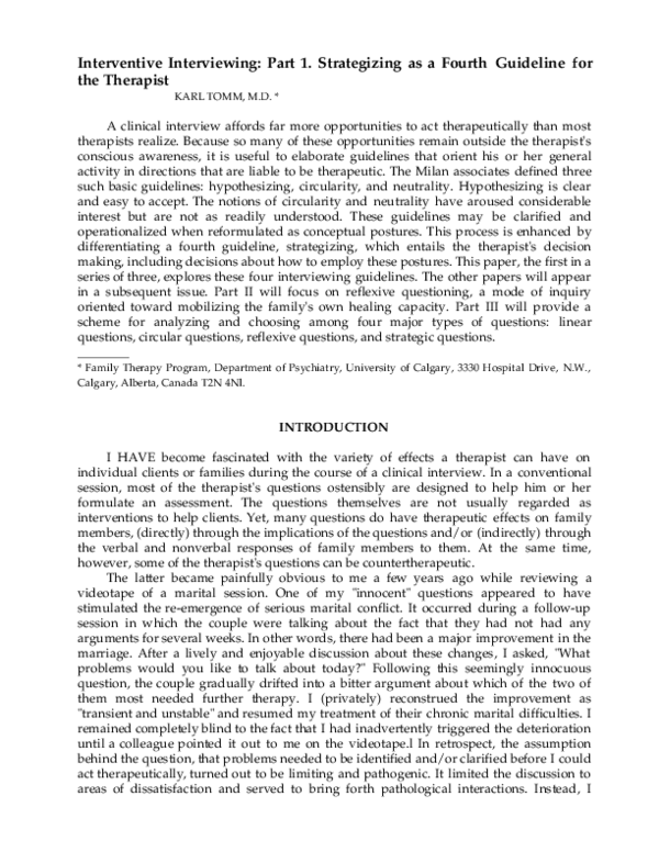 (PDF) Interventive Interviewing: Part I. Strategizing as a Fourth Guideline for the Therapist