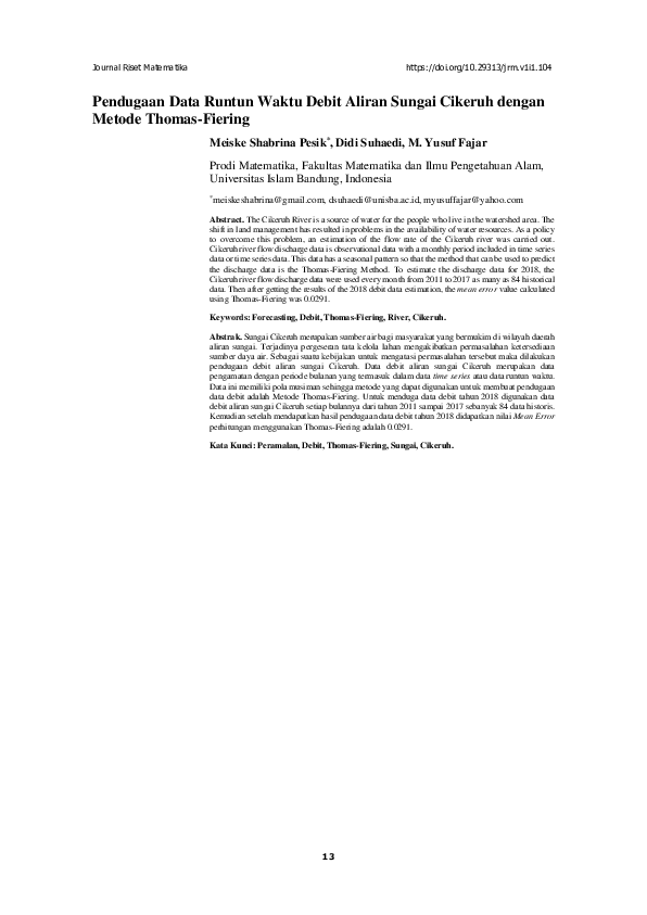 (PDF) Pendugaan Data Runtun Waktu Debit Aliran Sungai Cikeruh dengan ...
