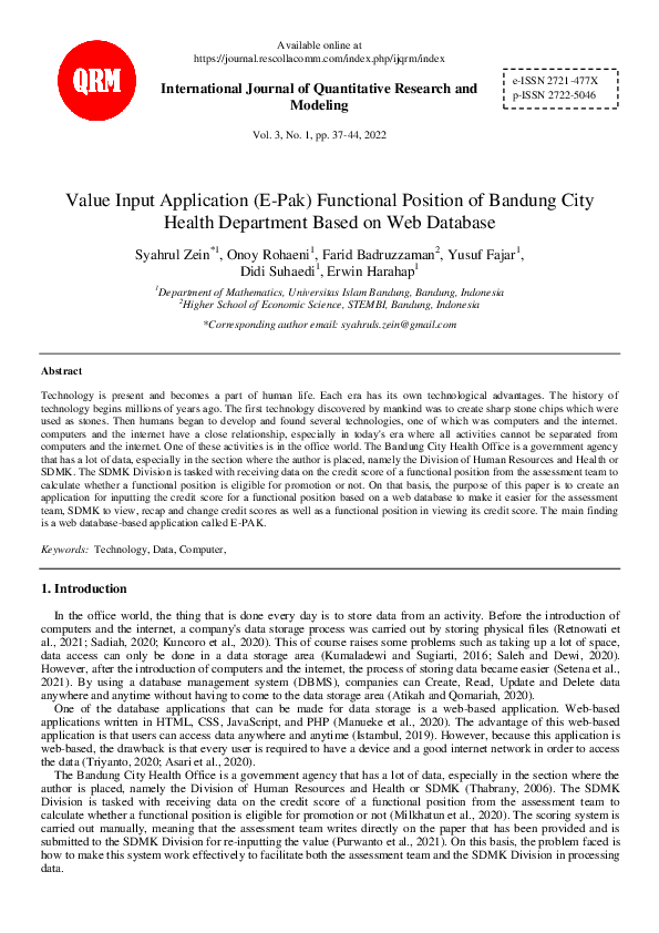 (PDF) Value Input Application (E-Pak) Functional Position of Bandung City Health Department ...
