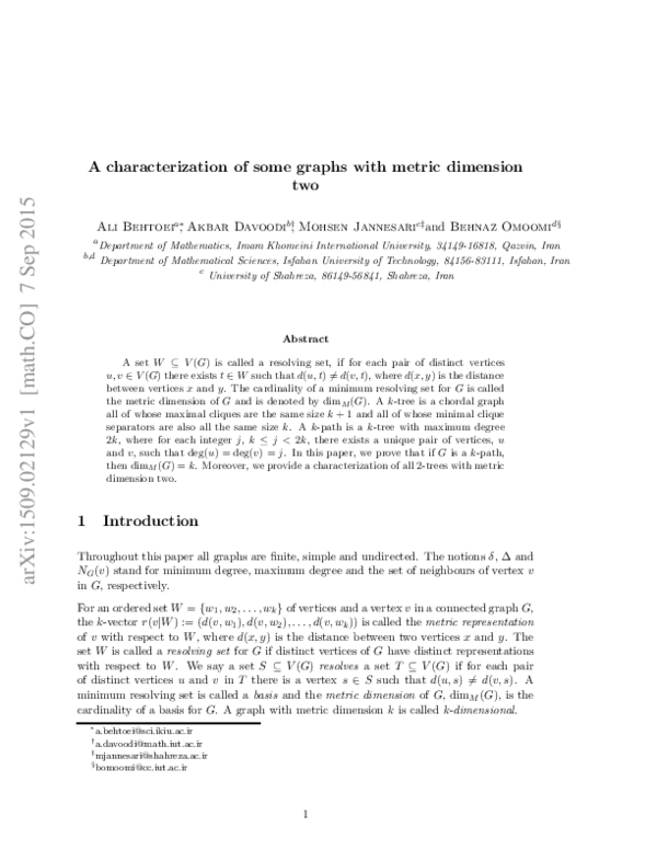 (PDF) A characterization of some graphs with metric dimension two | Mohsen Jannesari - Academia.edu