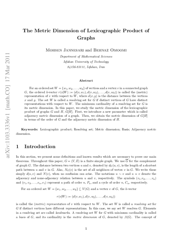 (PDF) The metric dimension of the lexicographic product of graphs