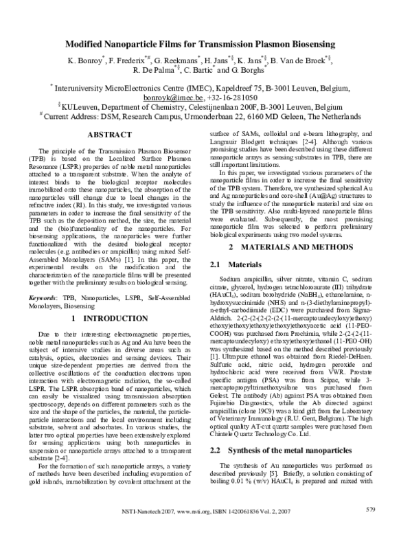 (PDF) Modified Nanoparticle Films for Transmission Plasmon Biosensing ...