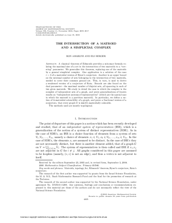 (PDF) The intersection of a matroid and a simplicial complex