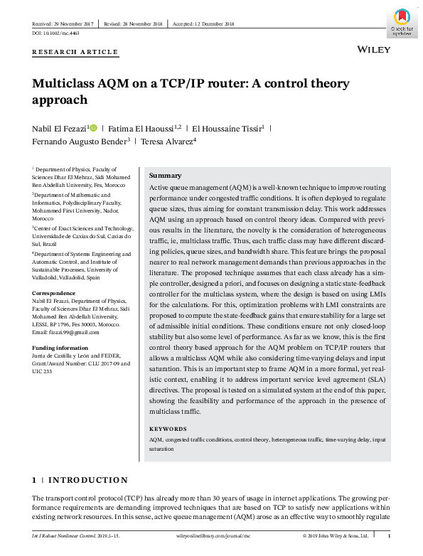 (PDF) Multiclass AQM on a TCP/IP router: A control theory approach