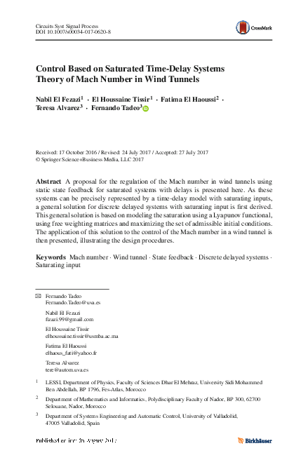 (PDF) Control Based on Saturated Time-Delay Systems Theory of Mach Number in Wind Tunnels