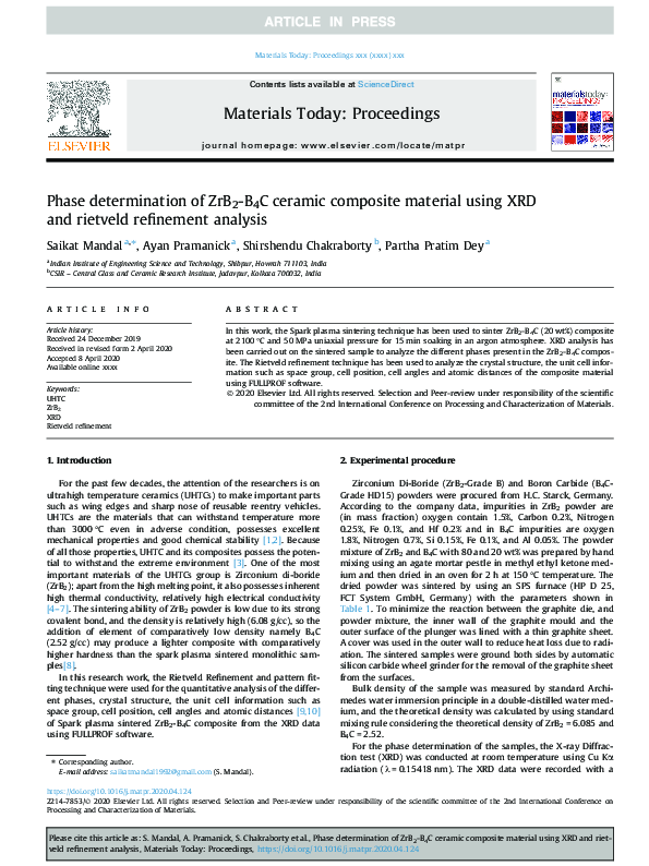 (PDF) Phase determination of ZrB2-B4C ceramic composite material using ...