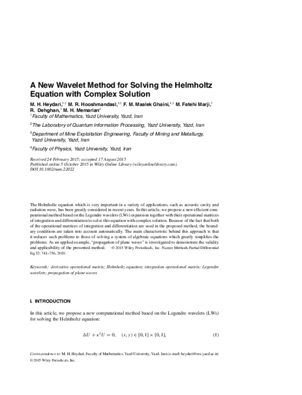 (PDF) A new wavelet method for solving the Helmholtz equation with complex solution