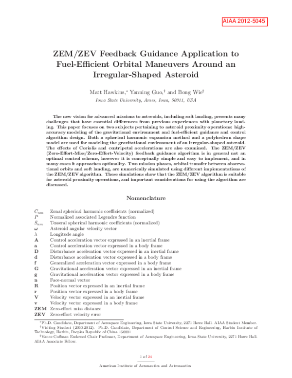 (PDF) ZEM/ZEV Feedback Guidance Application to Fuel-Efficient Orbital Maneuvers Around an ...