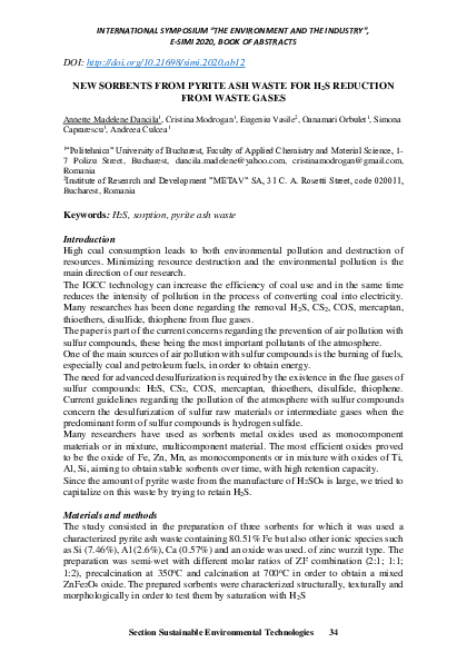 (PDF) New Sorbents from Pyrite Ash Waste for H2S Reduction from Waste Gases