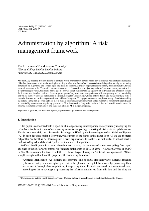 (PDF) Administration by algorithm: A risk management framework