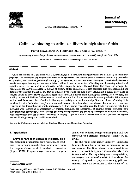 (PDF) Cellulase binding to cellulose fibers in high shear fields