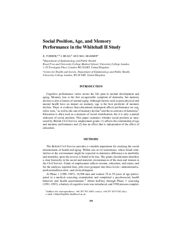 (PDF) Social Position, Age, and Memory Performance in the Whitehall II ...