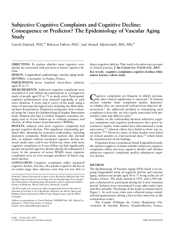 (PDF) Subjective Cognitive Complaints and Cognitive Decline ...