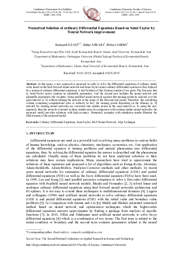Pdf Numerical Solution Of Ordinary Differential Equations Based On Semi Taylor By Neural