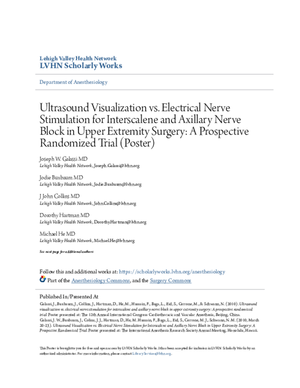 (PDF) Ultrasound Visualization vs. Electrical Nerve Stimulation for Interscalene and Axillary ...