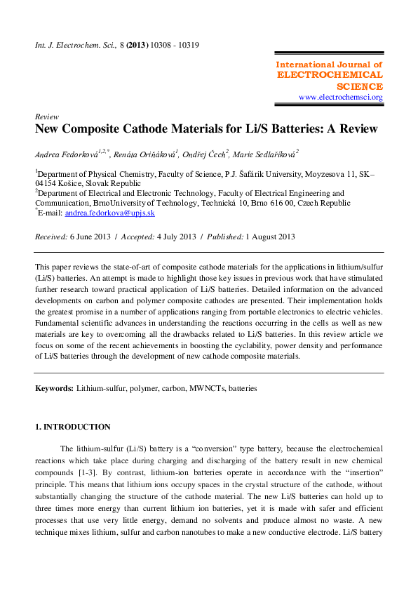 (PDF) New Composite Cathode Materials for Li/S Batteries: A Review